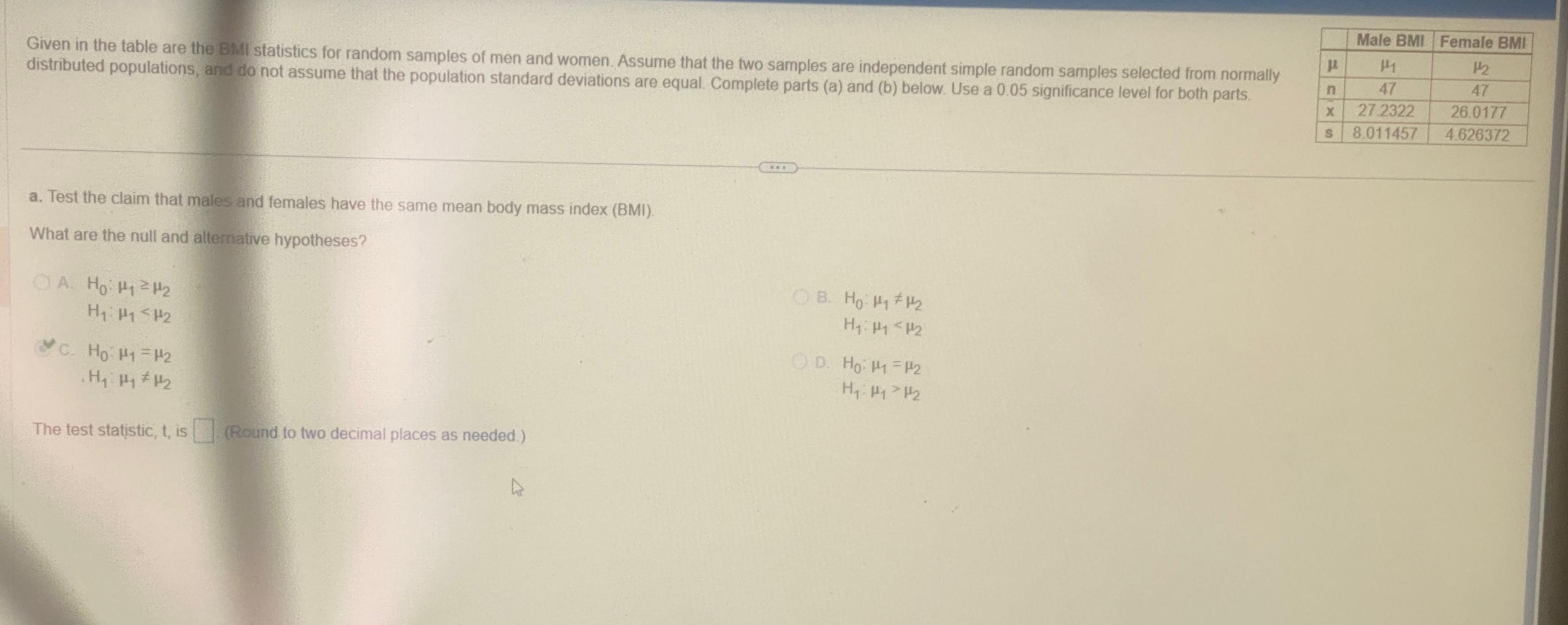 Solved Given in the table are the BMI statistics for random | Chegg.com