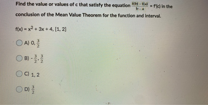 Solved Find the value or values of c that satisfy the | Chegg.com