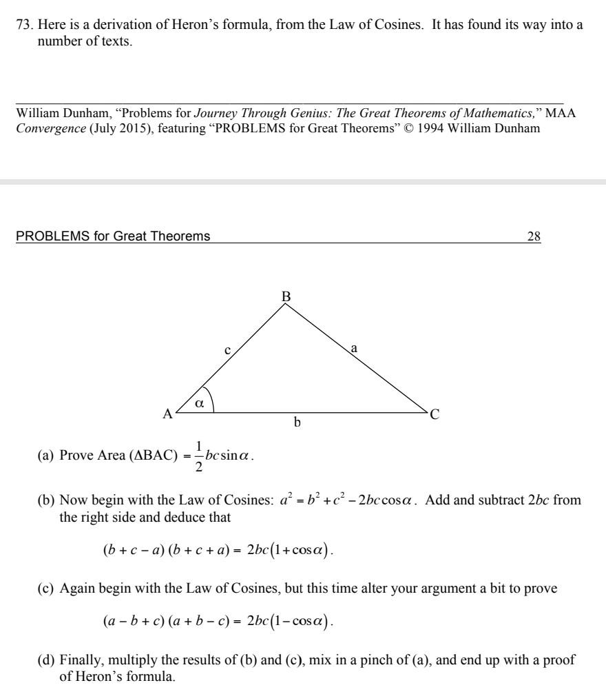 Solved 73. Here is a derivation of Heron's formula, from the | Chegg.com