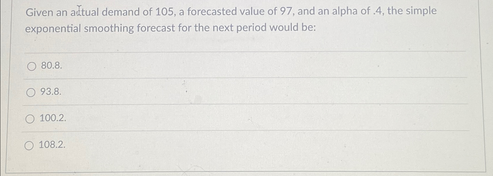 Solved Given an artual demand of 105 , ﻿a forecasted value | Chegg.com