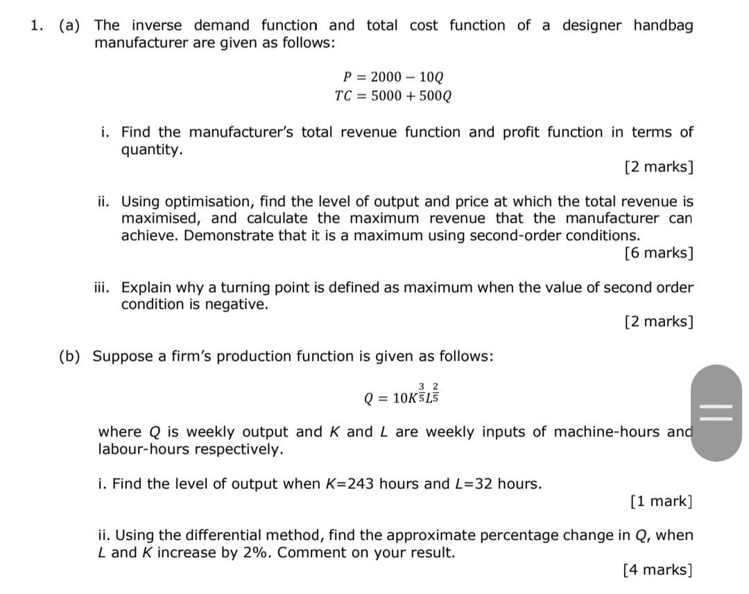 Solved 1. (a) The inverse demand function and total cost | Chegg.com