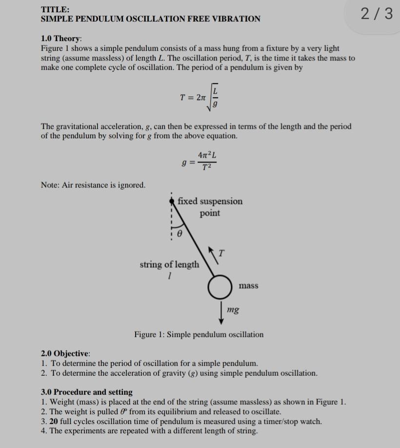 Solved TITLE: SIMPLE PENDULUM OSCILLATION FREE VIBRATION 1.0 | Chegg.com