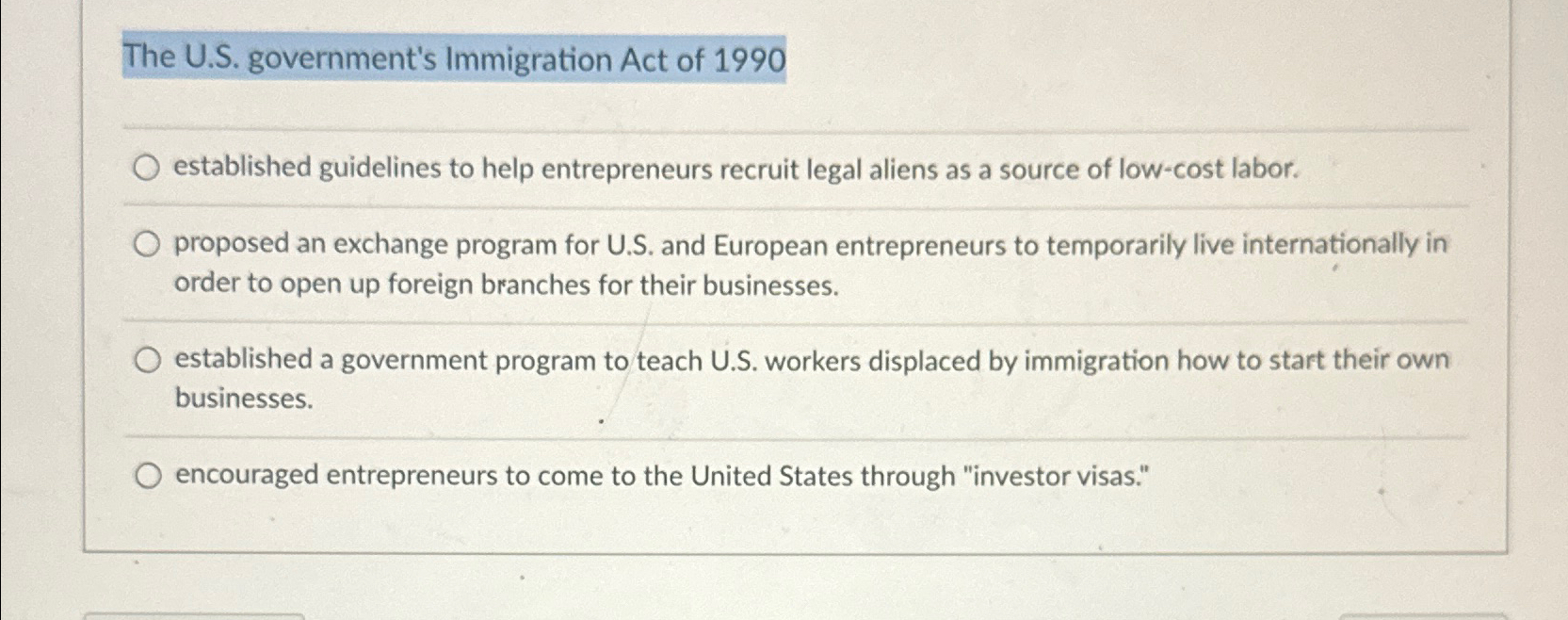 Solved The U.S. ﻿government's Immigration Act of | Chegg.com