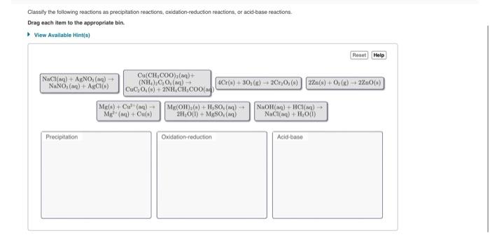 Solved Classify the following reactions as precipitation | Chegg.com