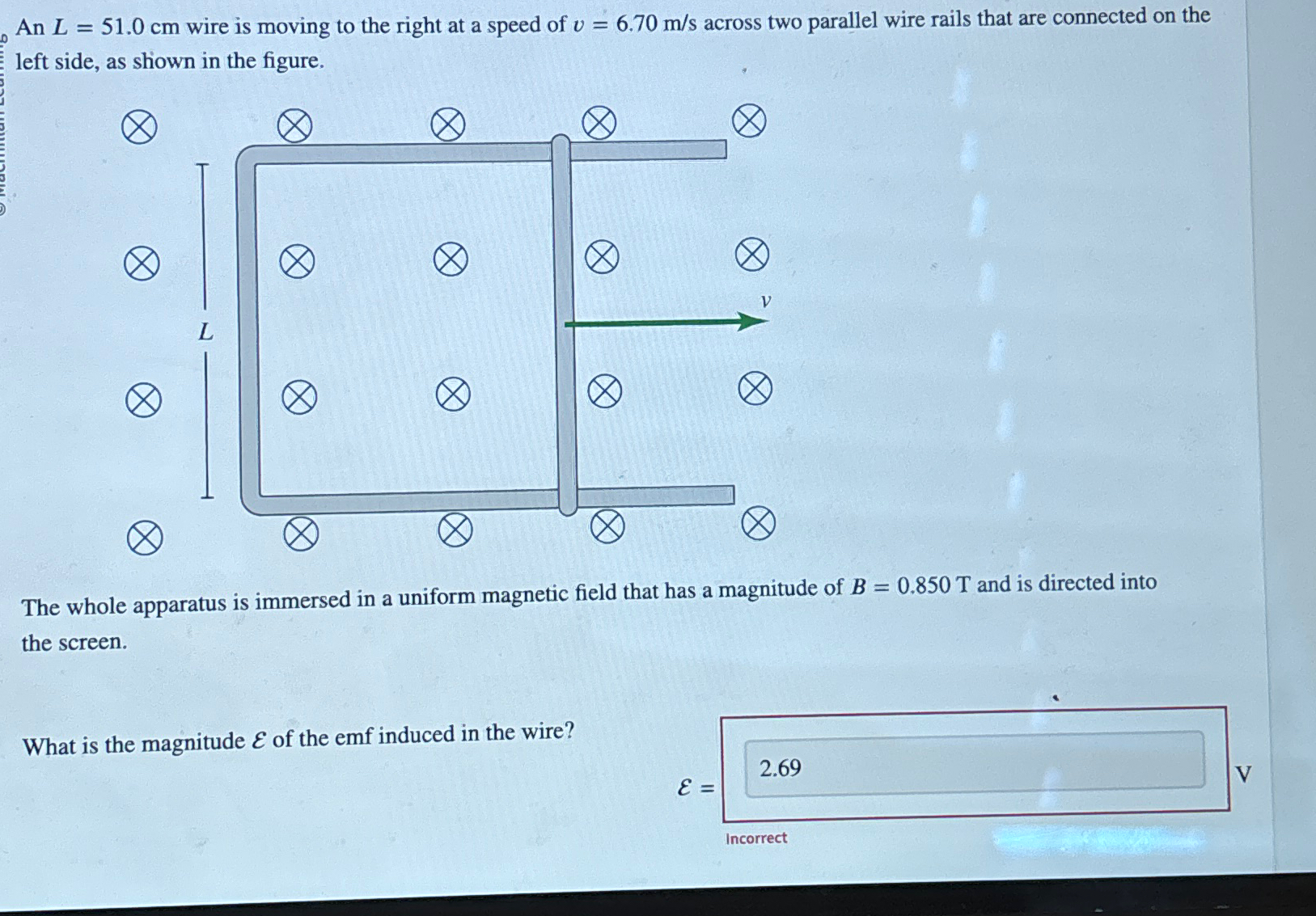 Solved An L=51.0cm ﻿wire is moving to the right at a speed | Chegg.com