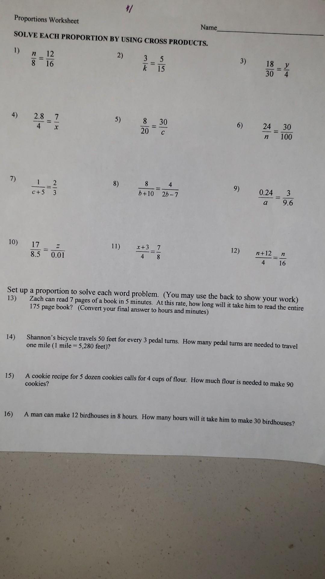 Solved Name SOLVE EACH PROPORTION BY USING CROSS PRODUCTS. | Chegg.com