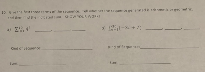 Solved 10. Give the first three terms of the sequence. Tell | Chegg.com