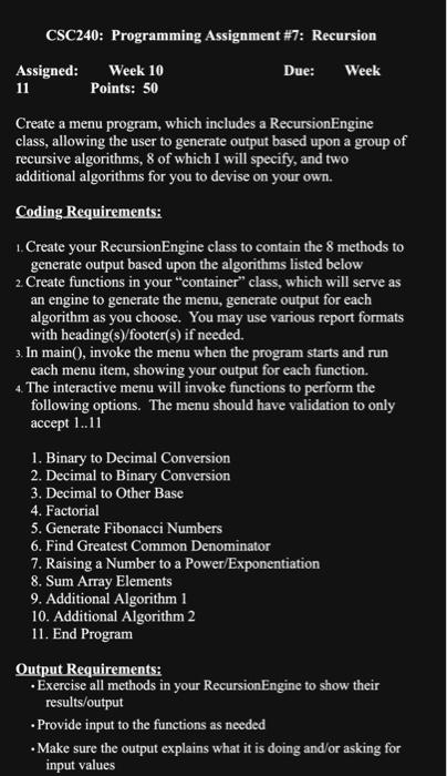Solved Csc240 Programming Assignment 7 Recursion