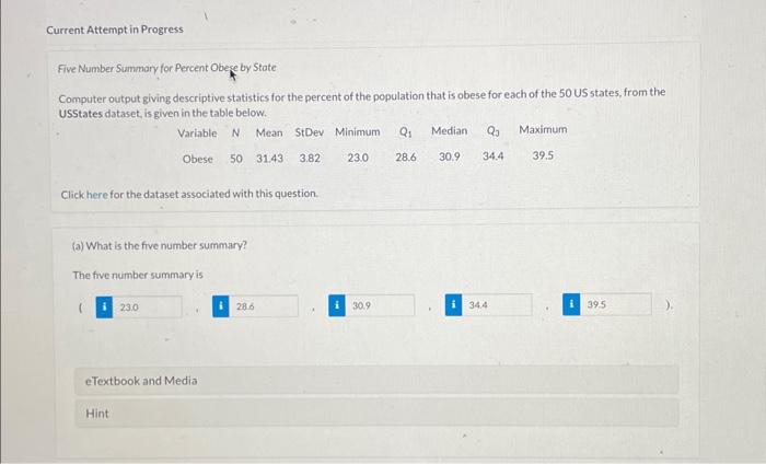 Solved Five Number Summary for Percent Obege by State | Chegg.com