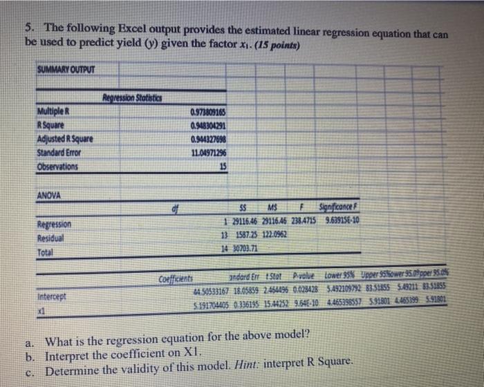 Solved 5. The following Excel output provides the estimated | Chegg.com
