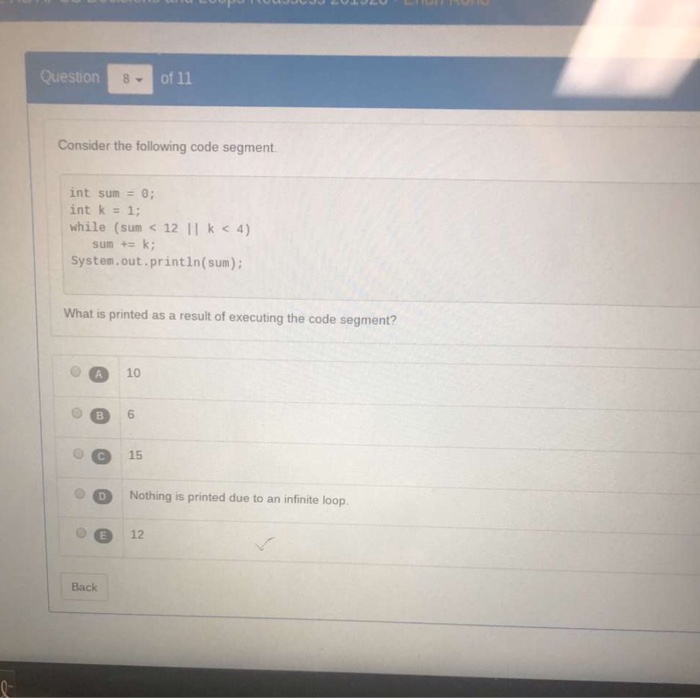 Solved Question 8 - of 11 Consider the following code | Chegg.com