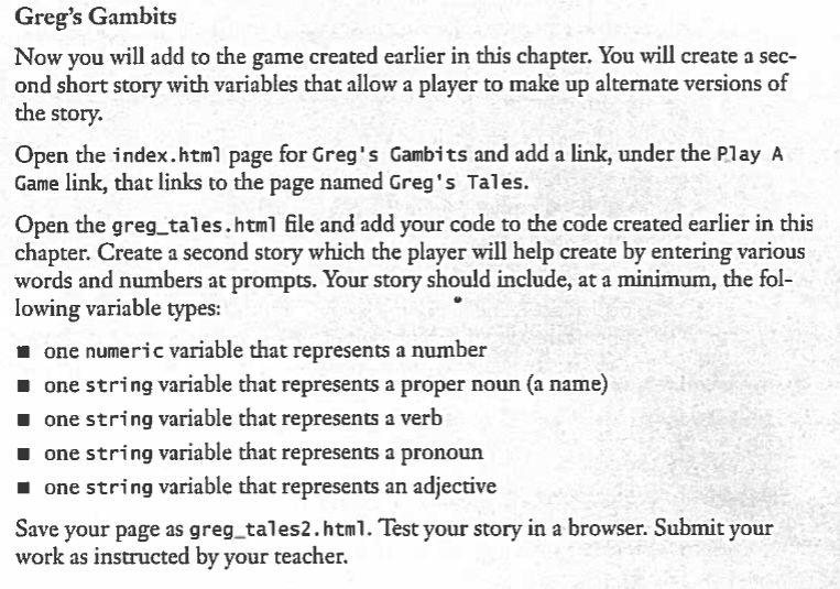 Solved using JavaScript Greg's GambitsNow you will add to | Chegg.com