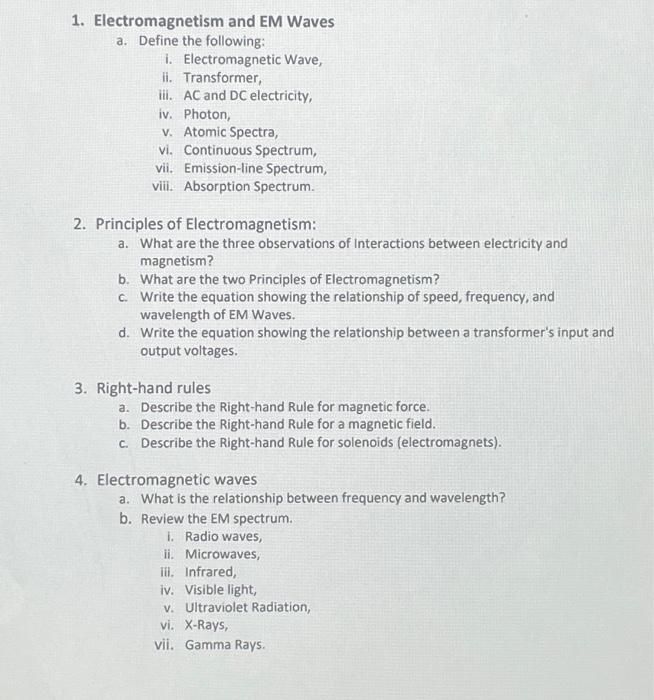 Solved 1. Electromagnetism and EM Waves a. Define the | Chegg.com