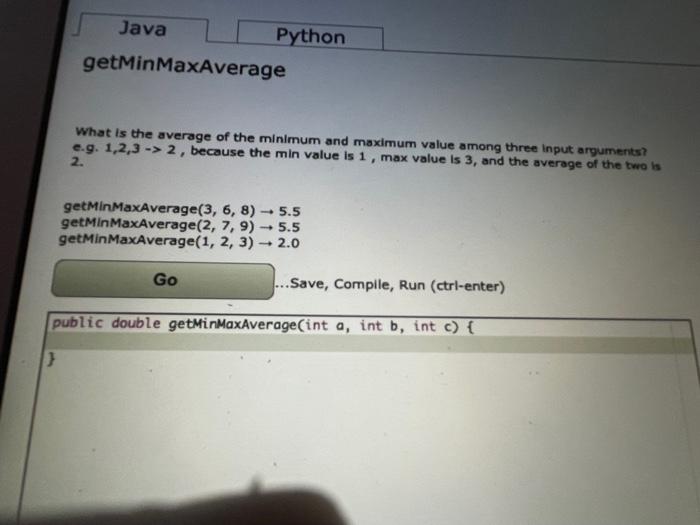 Solved Java Python getMinMaxAverage What is the average of | Chegg.com