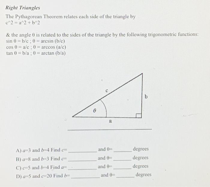 Solved Right Triangles The Pythagorean Theorem relates each | Chegg.com