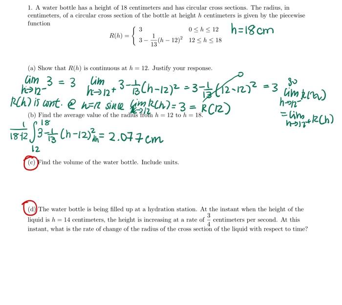 Solved 1. A water bottle has a height of 18 centimeters and | Chegg.com