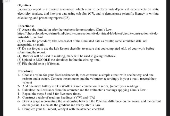 Solved 1 of 2 Objectives Laboratory report is a marked | Chegg.com