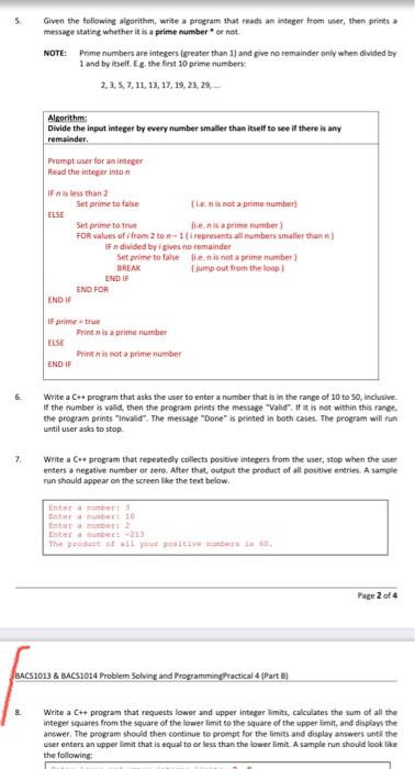 Solved 5. Given the following algorithm, write a program | Chegg.com