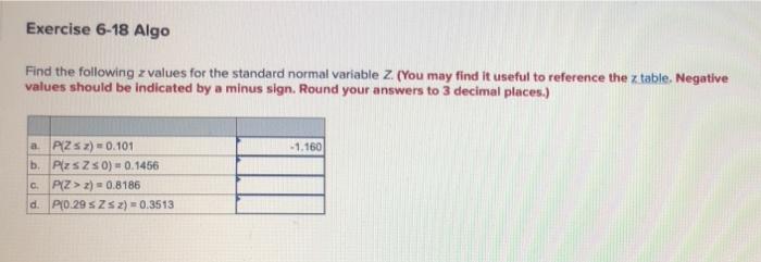 Solved Exercise 6-18 Algo Find the following z values for | Chegg.com