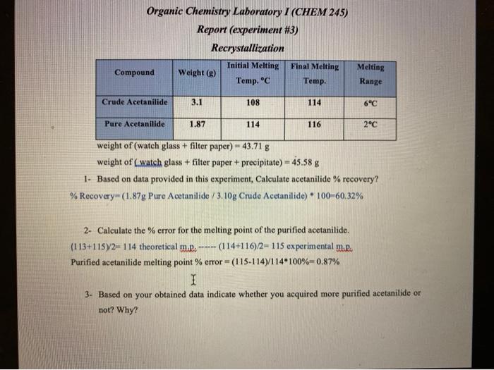 Solved Organic Chemistry Laboratory I (CHEM 245) Report | Chegg.com