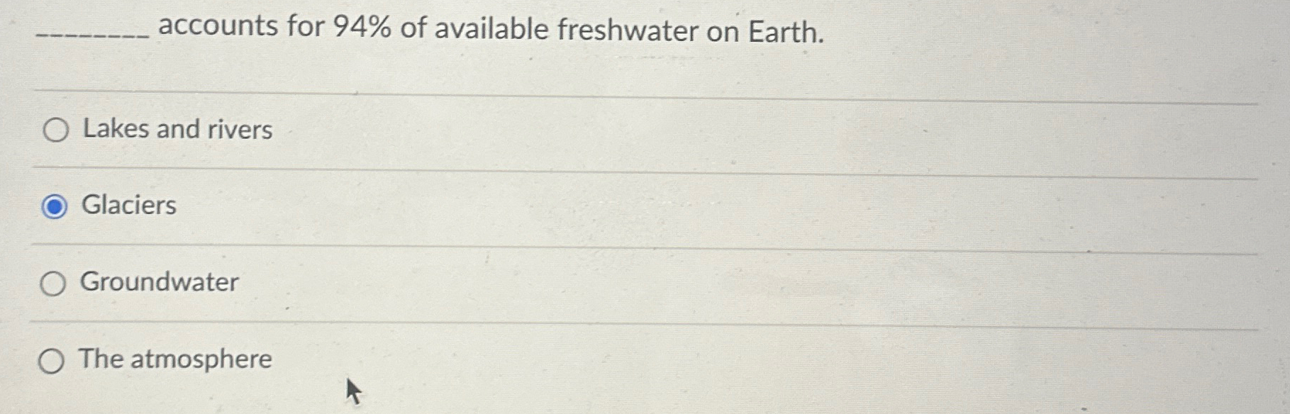 Solved accounts for 94% ﻿of available freshwater on | Chegg.com