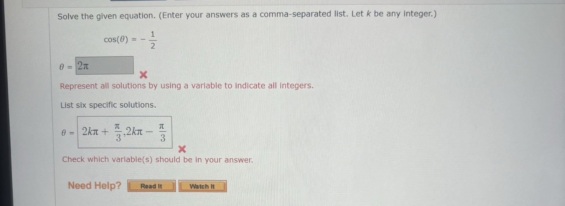 Solved k be ﻿any integer.cos(θ)=-12θ=,xRepresent all | Chegg.com
