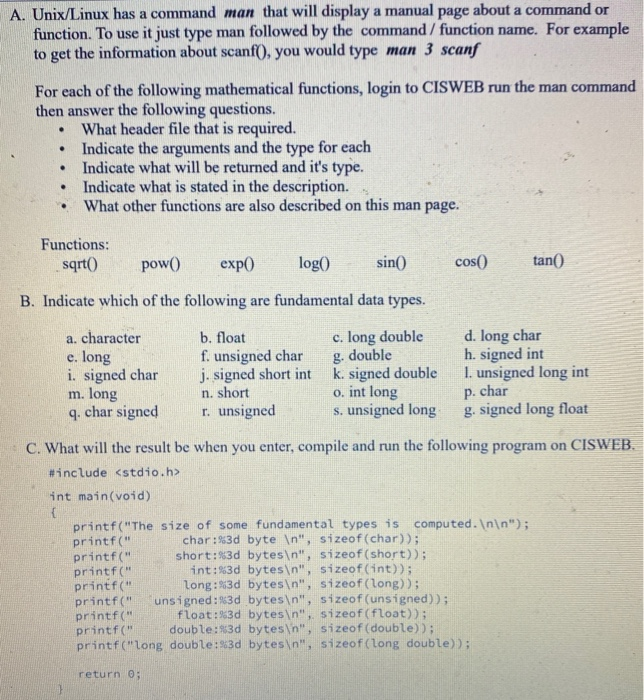Solved A. Unix/Linux has a command man that will display a | Chegg.com