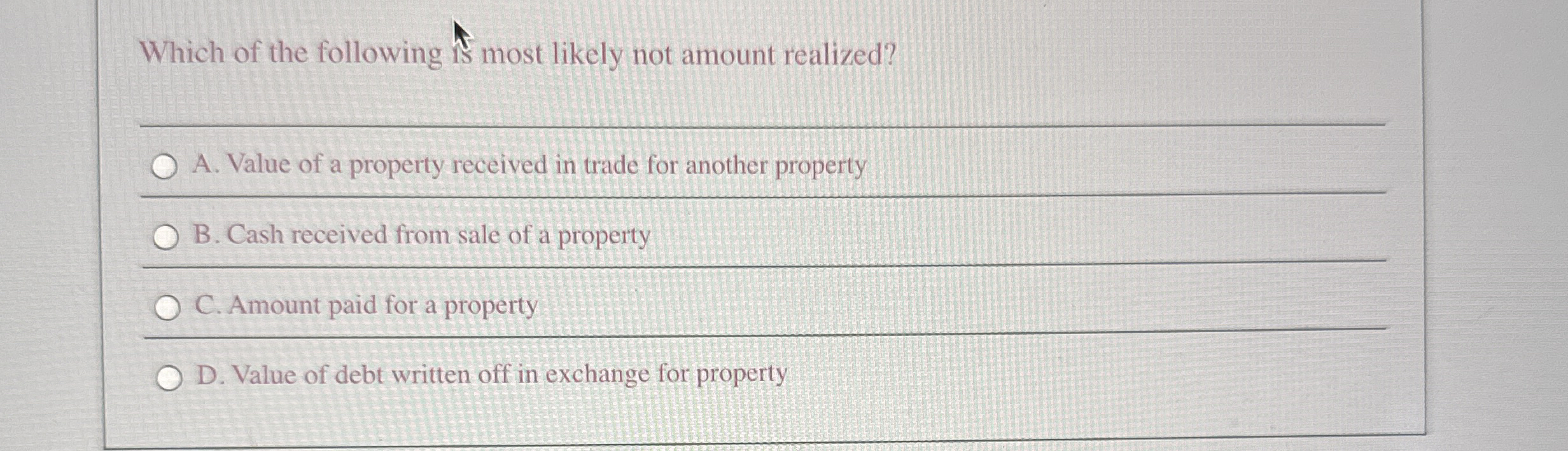 Solved Which of the following is most likely not amount | Chegg.com