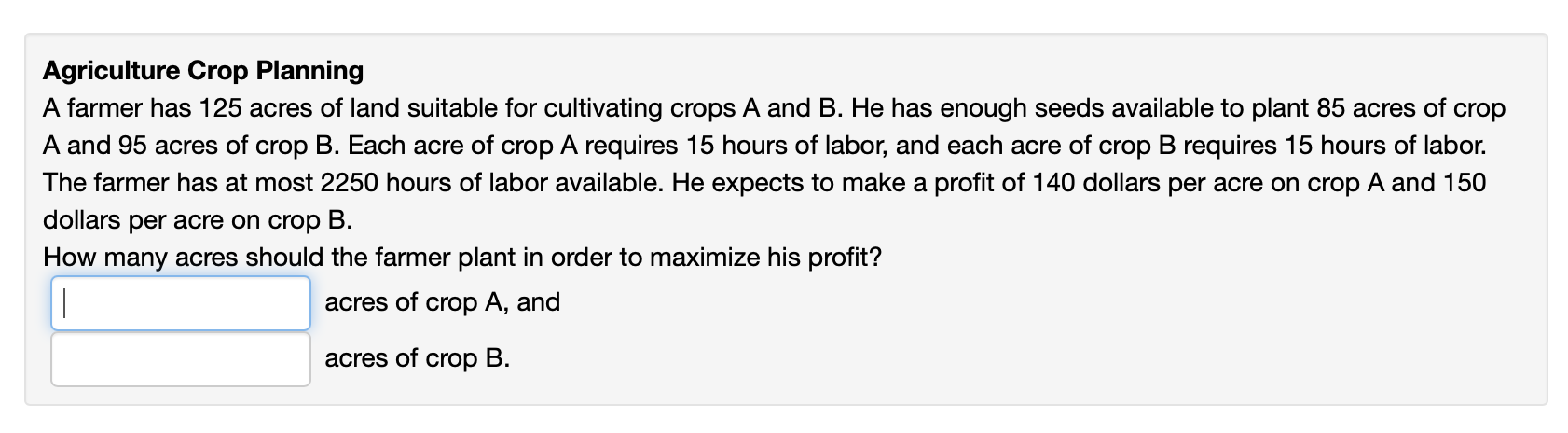 Solved Agriculture Crop PlanningA farmer has 125 ﻿acres of | Chegg.com