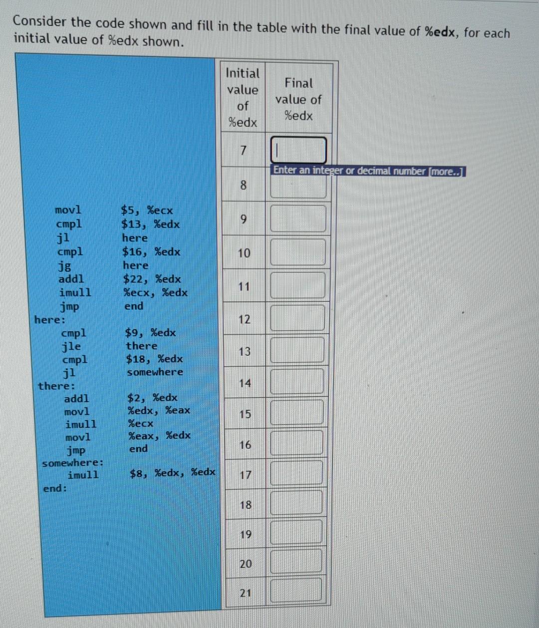 Solved Consider the code shown and fill in the table with | Chegg.com