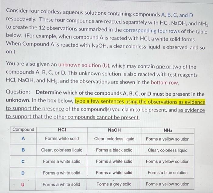 Solved Consider four colorless aqueous solutions containing | Chegg.com