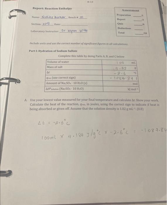 Solved Observation Sheet: Reaction Enthalov | Chegg.com