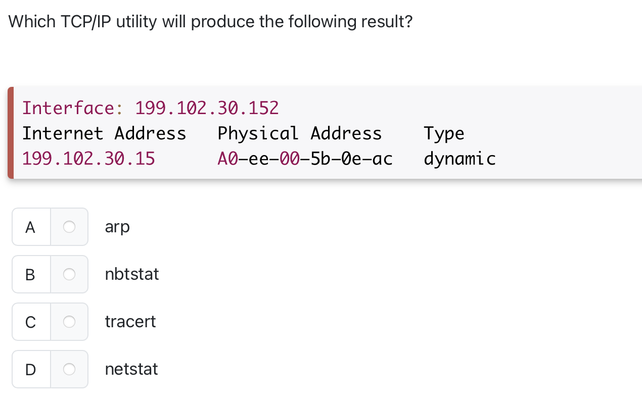 Solved Which TCP/IP utility will produce the following | Chegg.com