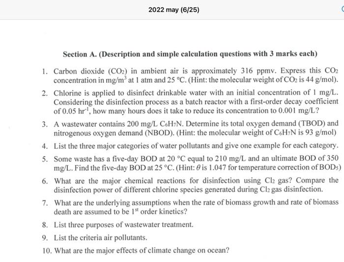 Solved Section A. (Description and simple calculation | Chegg.com