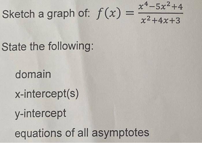Solved Sketch a graph of: f(x)=x2+4x+3x4−5x2+4 State the | Chegg.com