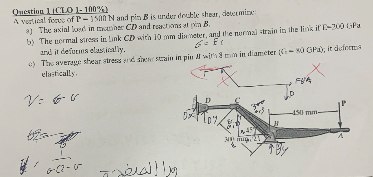 Solved Question 1 (CLO 1- 100%)A vertical force of P=1500N | Chegg.com