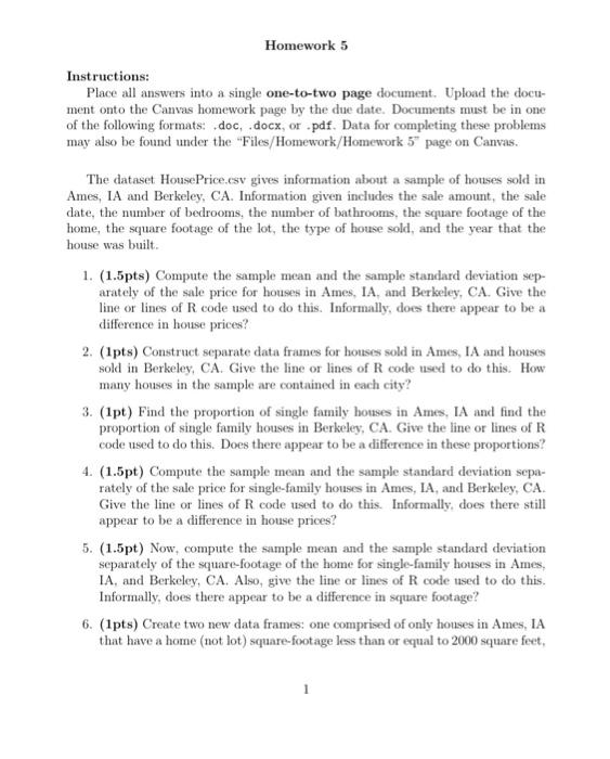 Solved Homework 5 Instructions: Place all answers into a | Chegg.com