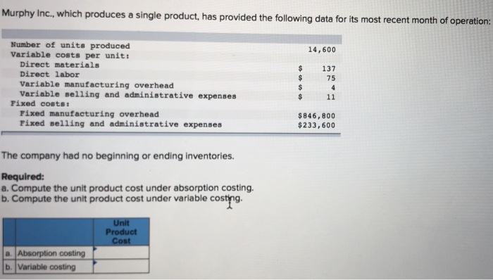 Solved a. Compute the unit product cost under absorption | Chegg.com
