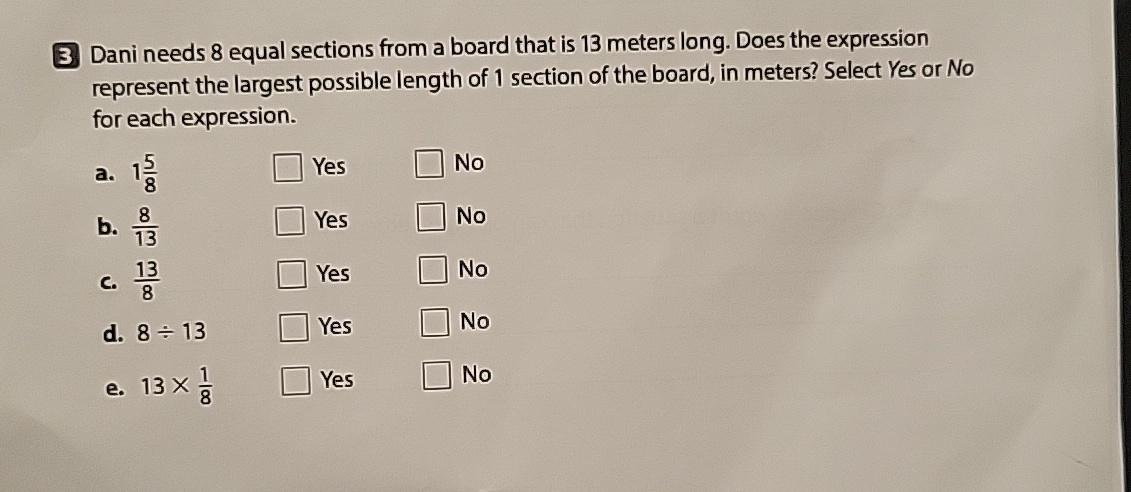 Solved 3 ﻿Dani needs 8 ﻿equal sections from a board that is | Chegg.com
