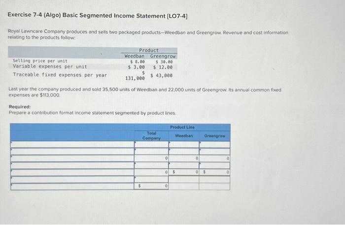Solved Exercise 7.4 (Algo) Basic Segmented Income Statement | Chegg.com