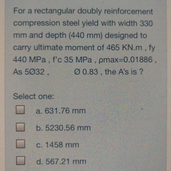 Solved For a rectangular doubly reinforcement compression | Chegg.com