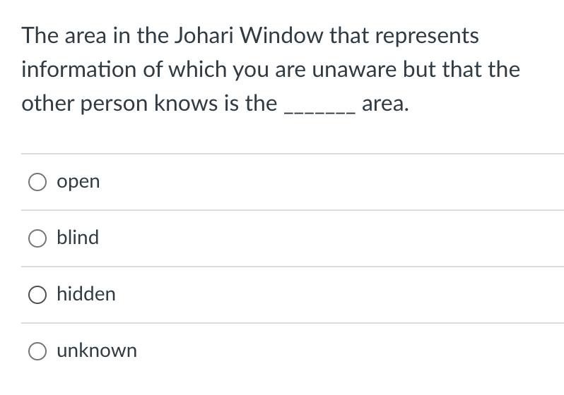 Solved The area in the Johari Window that | Chegg.com