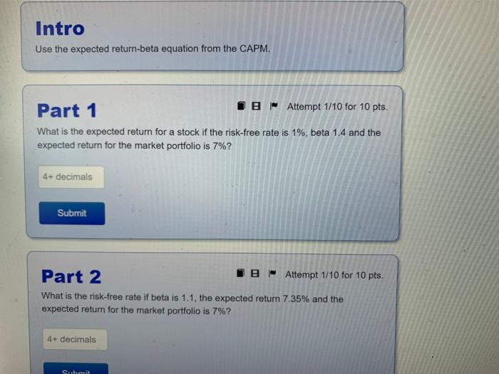 Solved Intro Use the expected return-beta equation from the | Chegg.com