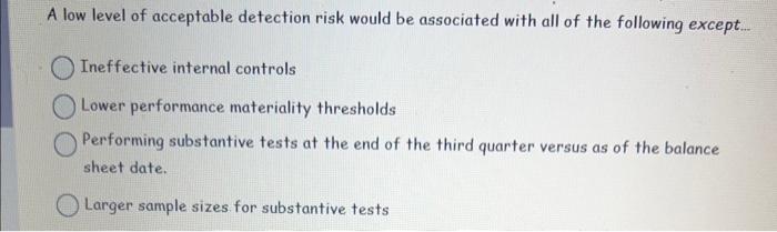 Solved A low level of acceptable detection risk would be | Chegg.com