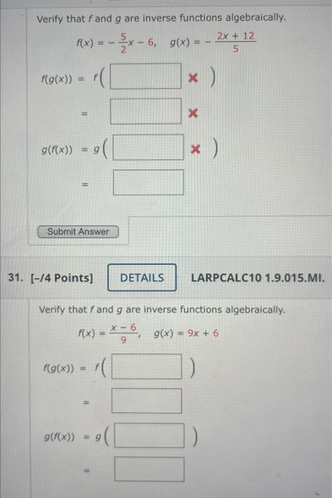 Solved Verify that f and g are inverse functions | Chegg.com