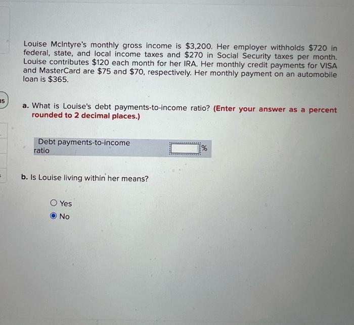Solved Louise Mcintyre's monthly gross income is $3,200. Her | Chegg.com