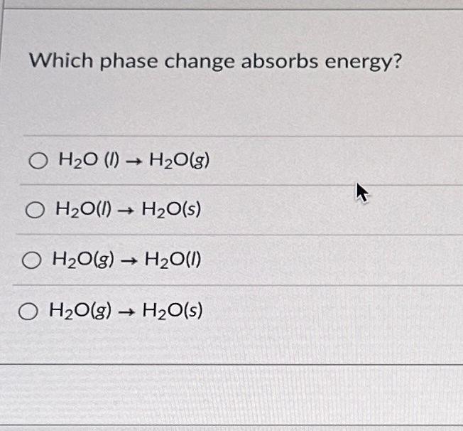 Solved Which phase change absorbs energy? O H₂O (1)→ H₂O(g) | Chegg.com