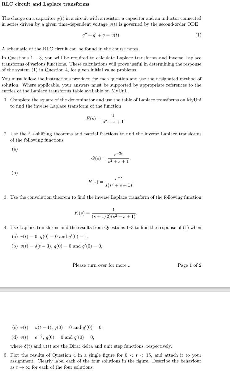 Rlc Circuit And Laplace Transformsthe Charge On A