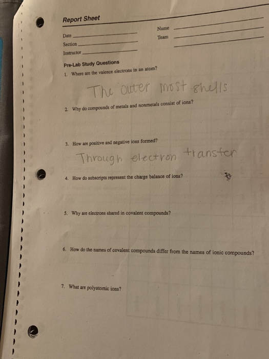 Solved Report Sheet Date Name Team Section Instructor | Chegg.com