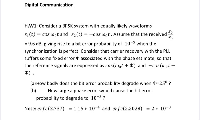Solved Digital Communication H.W1: Consider a BPSK system | Chegg.com